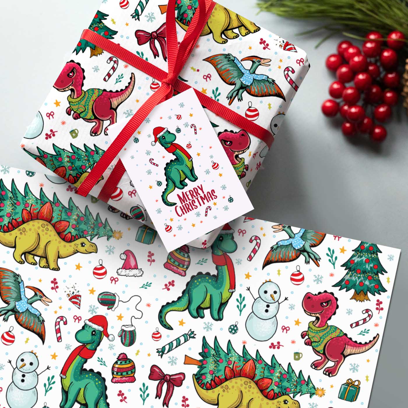 Kid's Dinosaur Christmas Wrapping Paper / Gift Tags